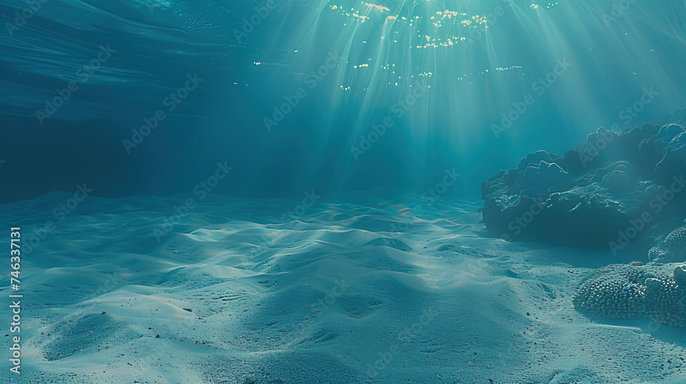 Ocean underwater scene with crepuscular rays, god rays, penetrating the ...