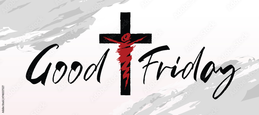 Good friday - Black ink text and abstract red ink shape jesus christ on ...