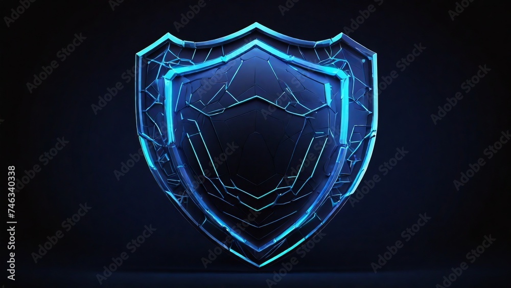 Futuristic 3d security shield made of linear polygons with neon lights ...