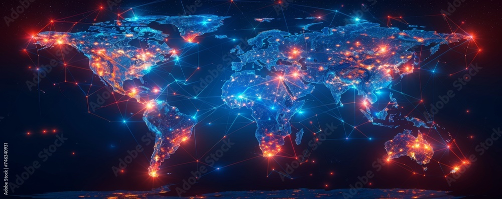 Interconnected nodes across a virtual world map, glowing lights ...