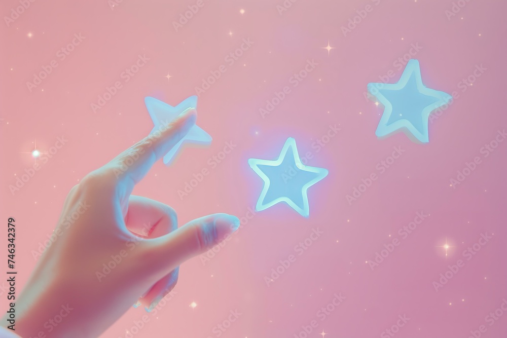 digital stars shining with a finger pointing to stars on a pastel pink ...