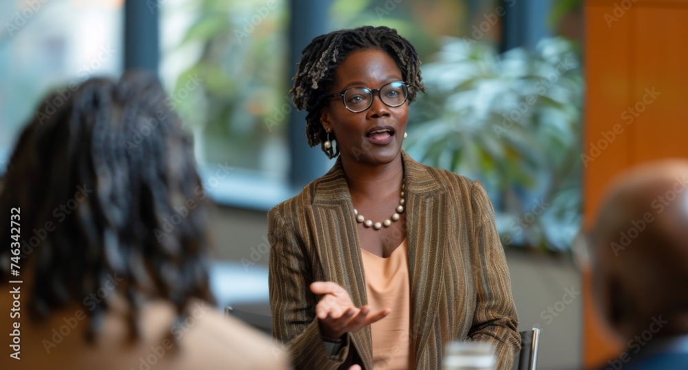 African American businesswoman speaking at a meeting, exemplifying ...