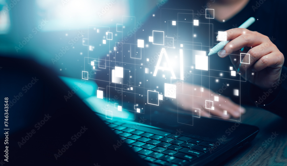 Programmer people working laptops or smartphones with AI, artificial ...