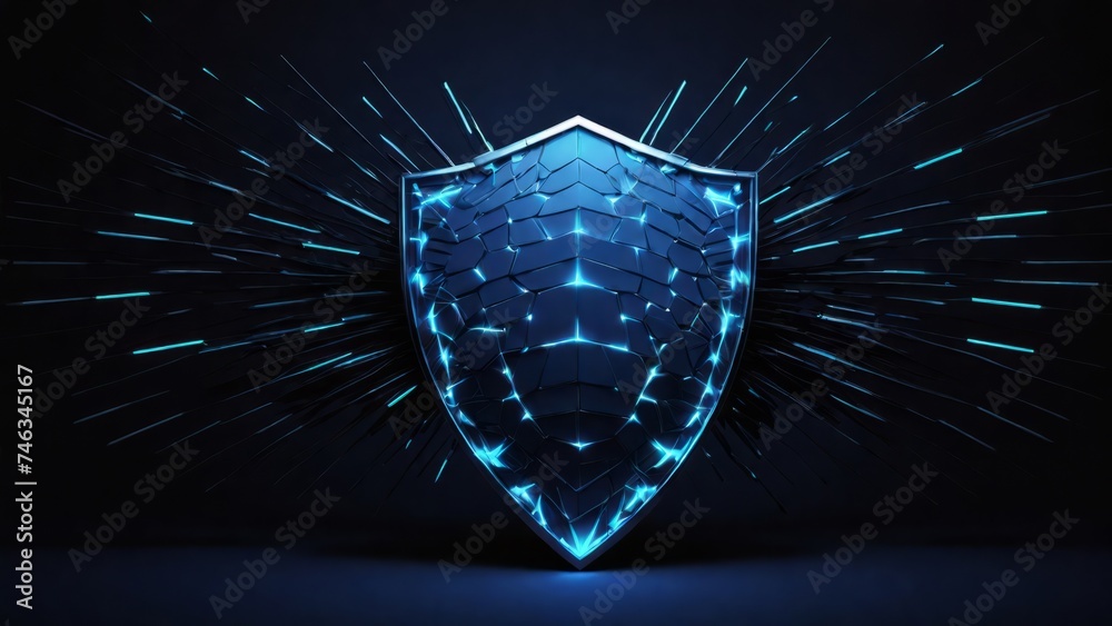 Futuristic 3d security shield made of linear polygons with neon lights ...