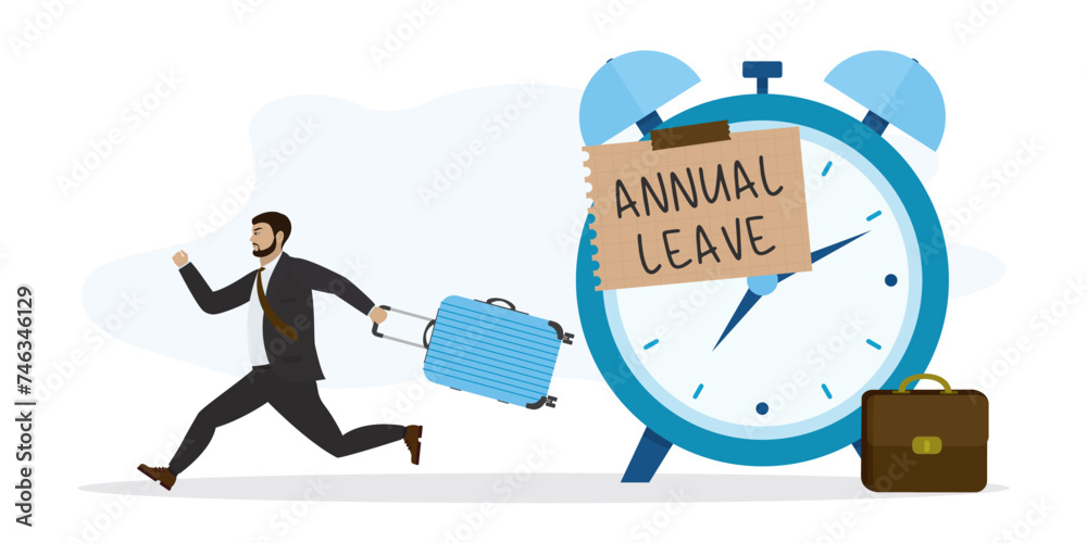 Businessman with luggage running away from office. Annual leave note on ...