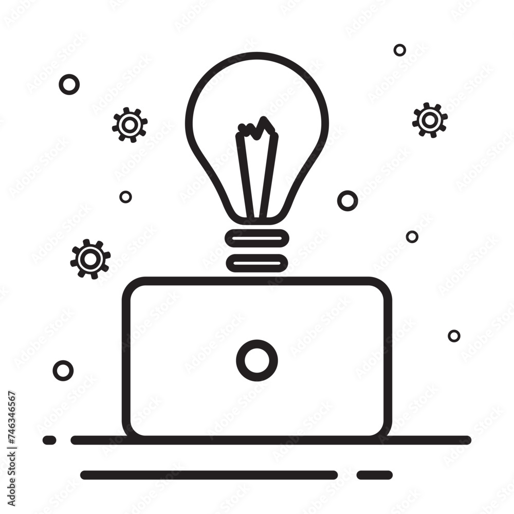 Idea light bulb and laptop at workplace. Laptop or computer icon and ...
