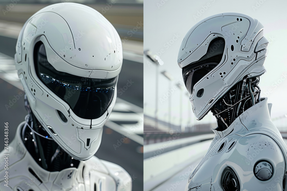 Man on the left in white alien cyborg warrior helmet, view of Nascar ...