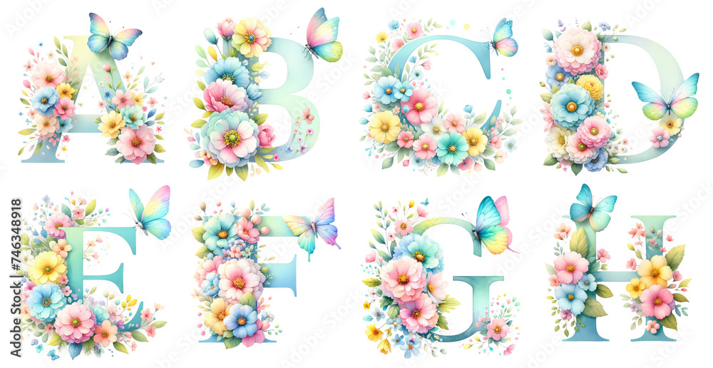 Pastel Spring Floral Alphabet - Letter A to H. Floral Alphabet With ...