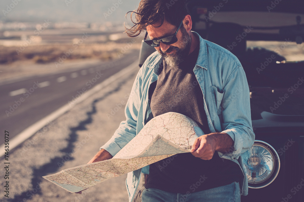Travel and adventure people with vehicle concept lifestyle. One man ...