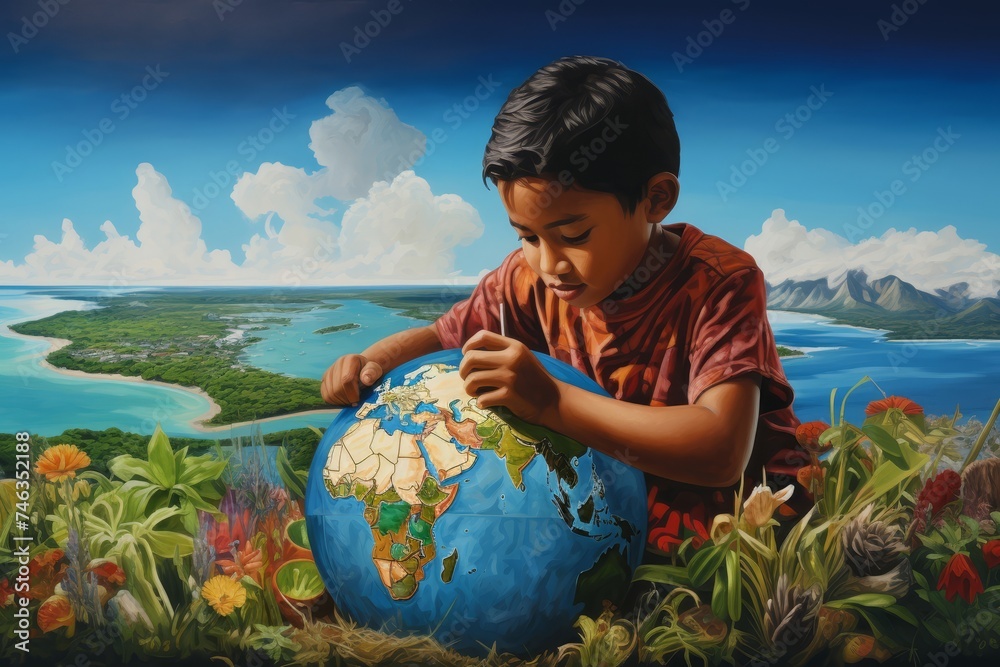 A Pacific Islander boy, painting a picture of Earth with vibrant colors ...