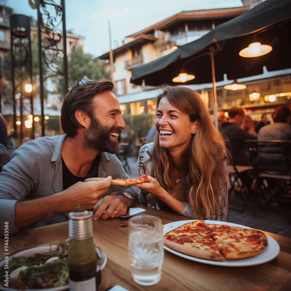 Happy young adult couple have fun eating a pizza together outdoor in ...