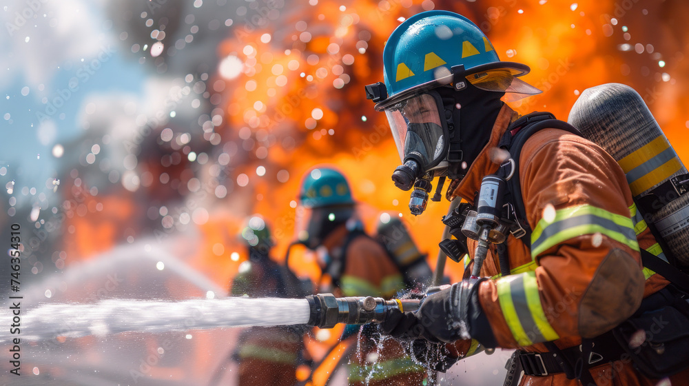firemen using fire hose to extinguish a fire Inside burning building ...