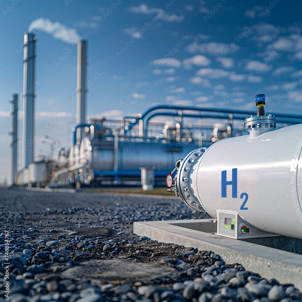 Close up of an industrial H2 fuel storage tank with a hydrogen power ...