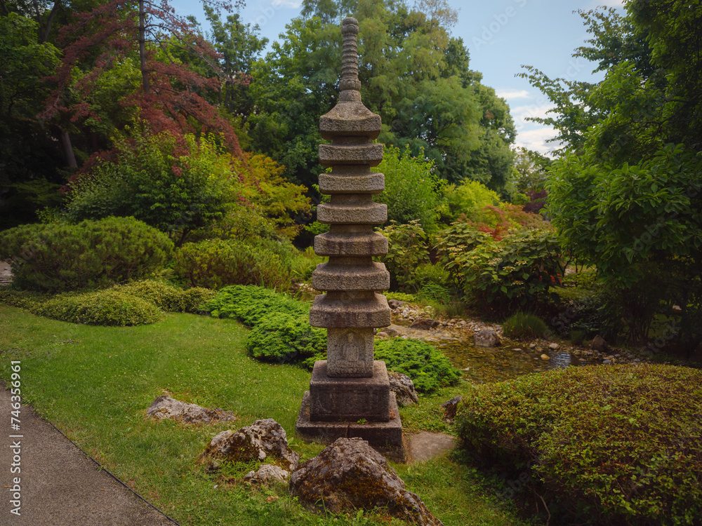 Japanese park in Vienna on a summer day. Zetagaya Park is small, quiet ...