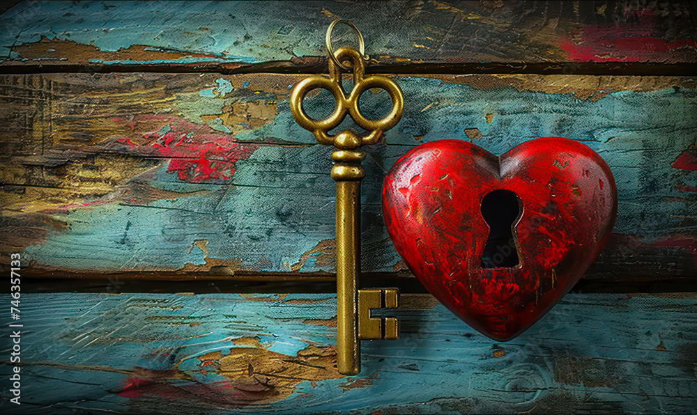 Vintage golden key beside a red heart with a keyhole on a rustic wooden ...