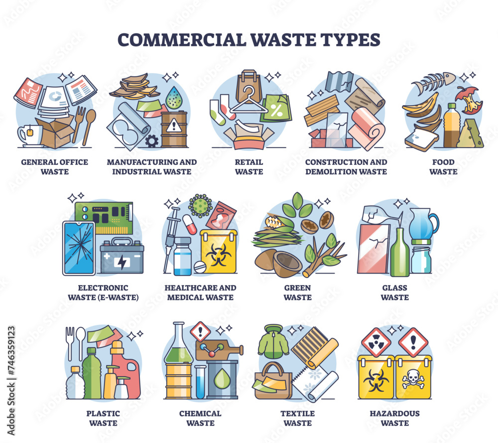 Commercial waste types as trash management or division outline diagram ...