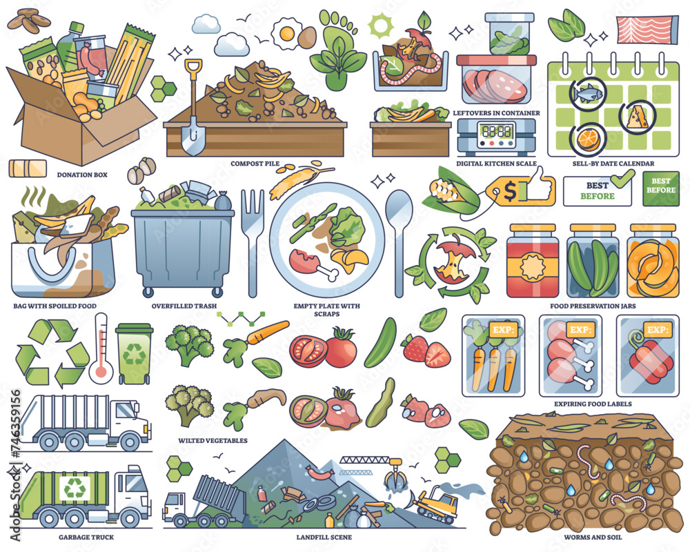 Food waste and kitchen scraps recycling in compost outline collection ...