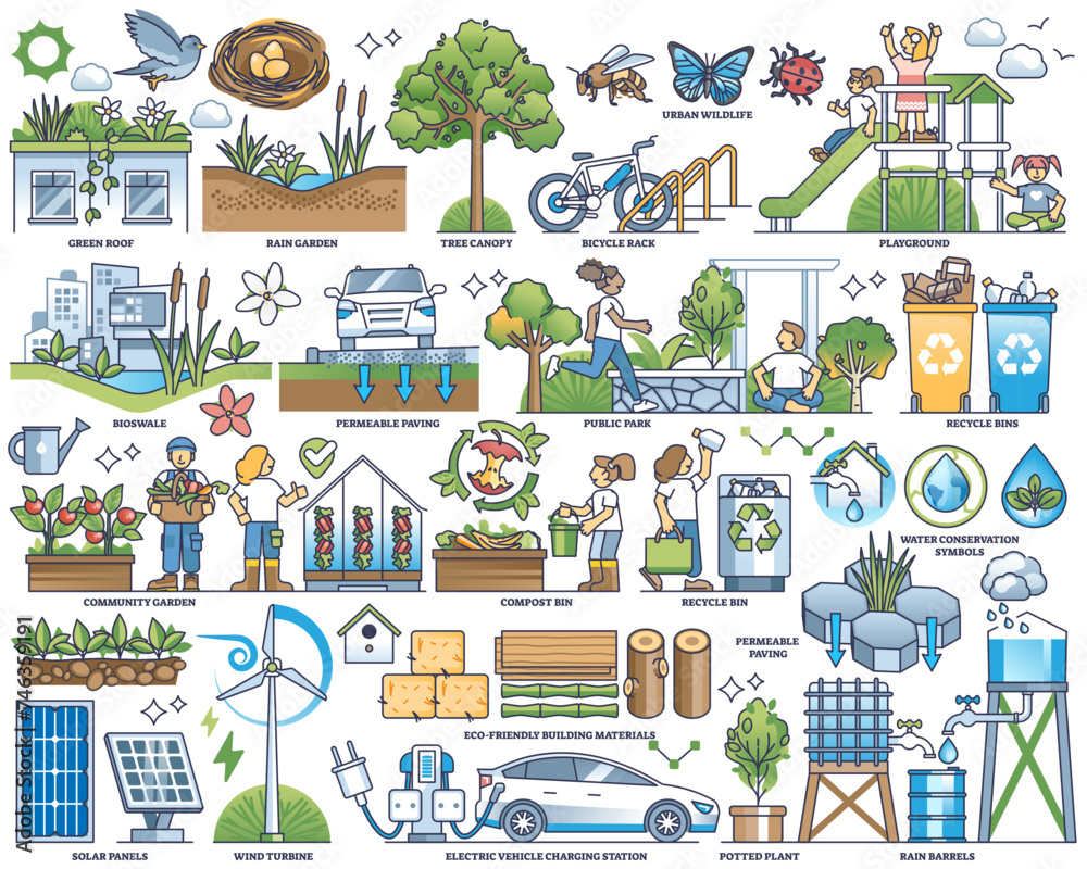 Green infrastructure and nature friendly lifestyle outline collection ...
