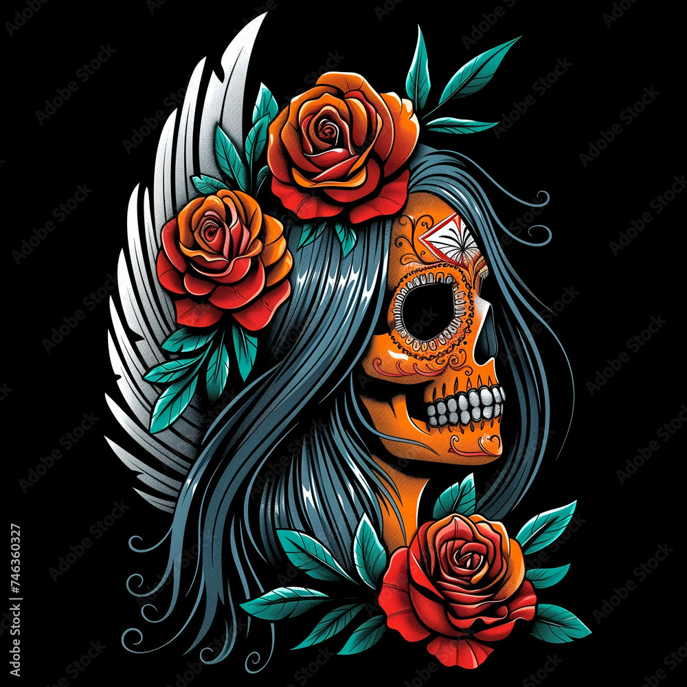 Skull and roses. Traditional symbols of the day of death. Traditions of ...