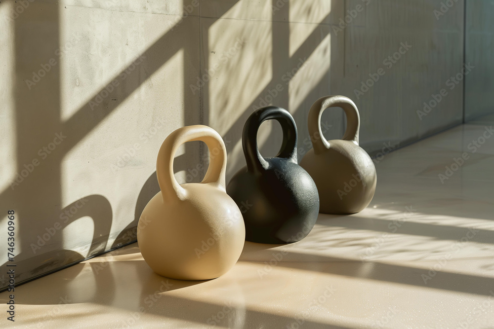 kettlebells in neutral colors in a modern gym close up, stylish Stock ...