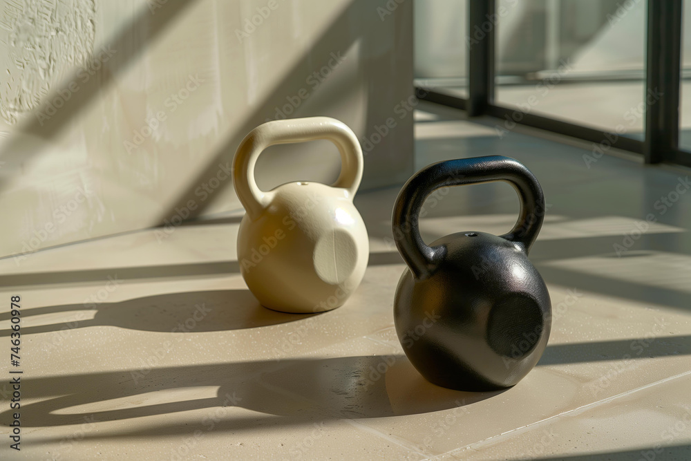 kettlebells in neutral colors in a modern gym close up, stylish Stock ...