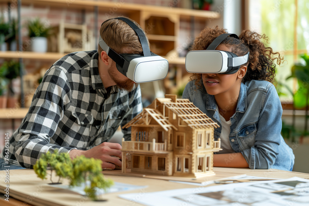 A man and a woman using VR technology tools to view home designs ...