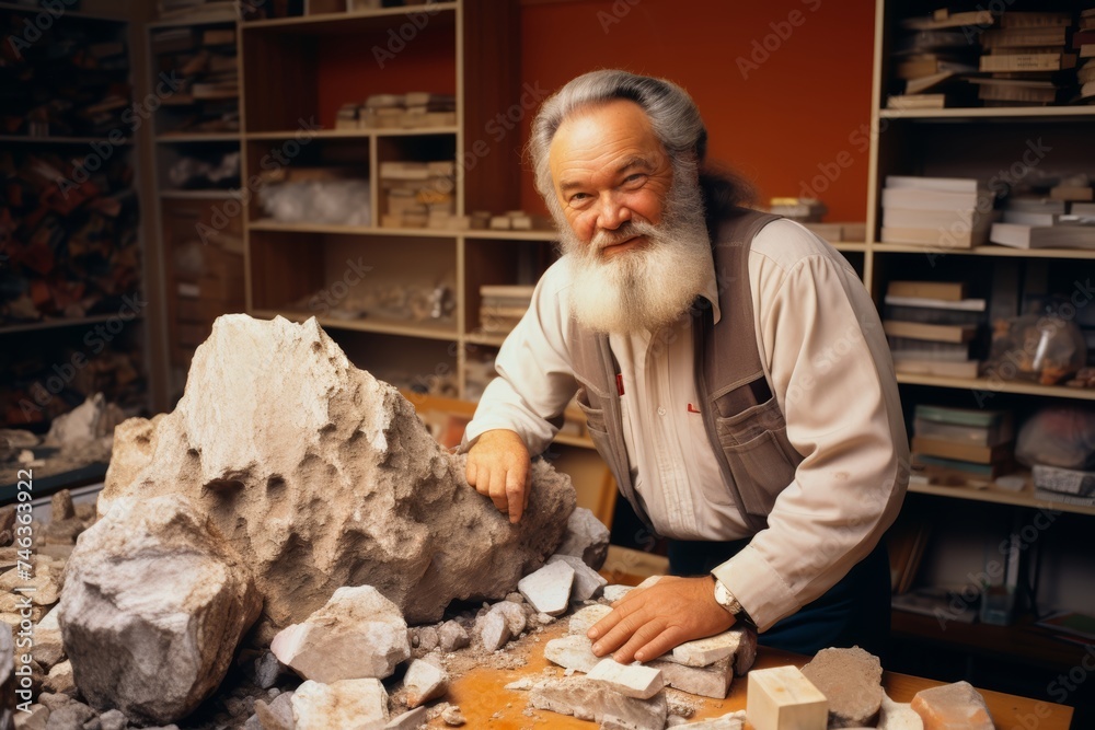 Portrait photograph of a male geologist in his late 50s, standing ...