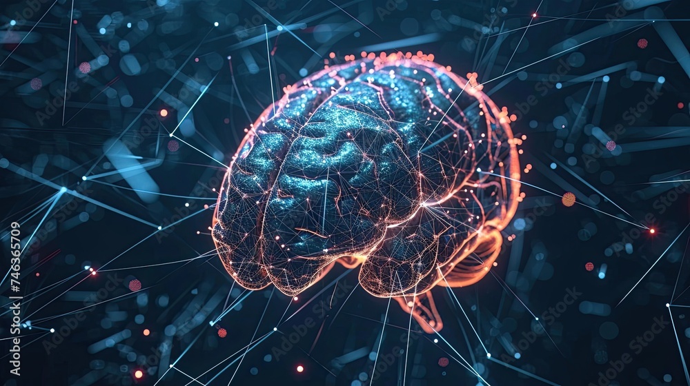 Neural brain icon. Technology, development, neural network, head, glow ...