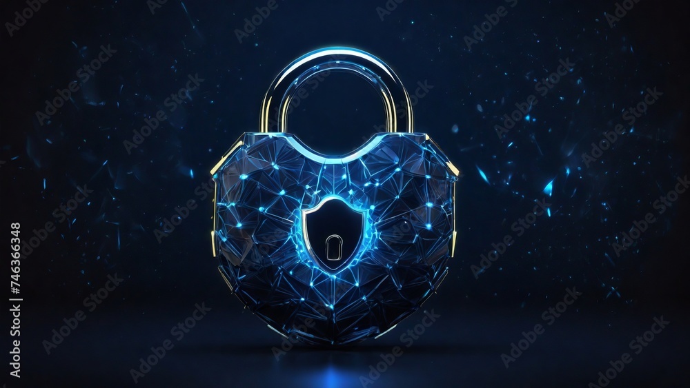 Futuristic 3d security lock made of linear polygons with neon lights on ...