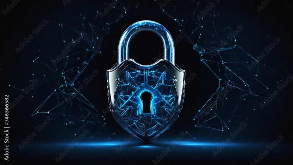 Futuristic 3d security lock made of linear polygons with neon lights on ...