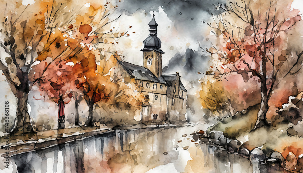 watercolor painting of a medieval european village by the river. Houses ...