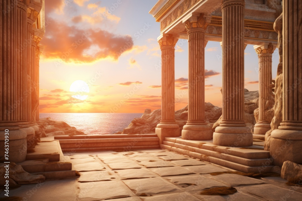 panorama of an ancient Greek rock temple, where twilight casts its ...