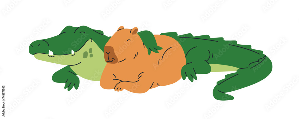 Capybara and crocodile, funny cute animal friends. Happy croc and capy ...