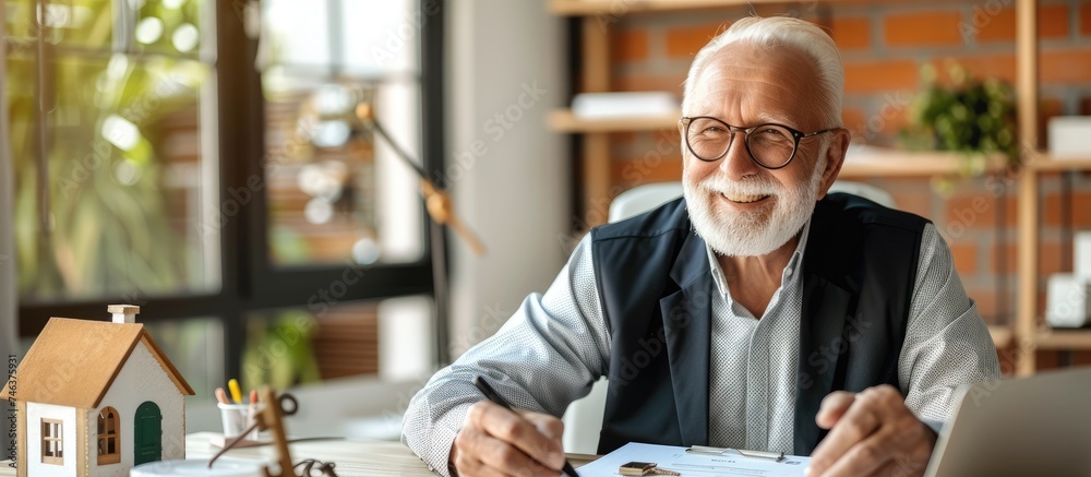 An older real estate agent sits confidently at a table with a laptop ...