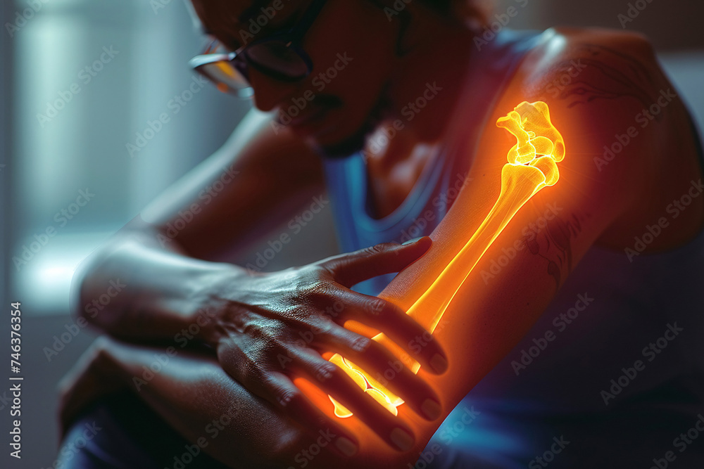 person with pain in his elbow, body with pain in the elbow, man holding ...
