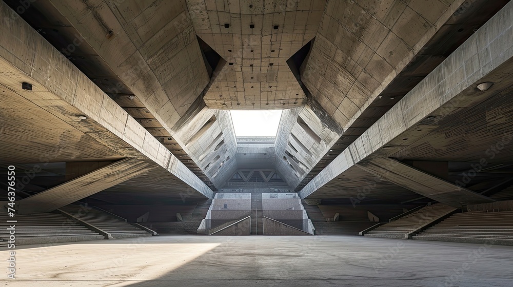 Brutalist sports arena with massive concrete roof. Urban architecture ...