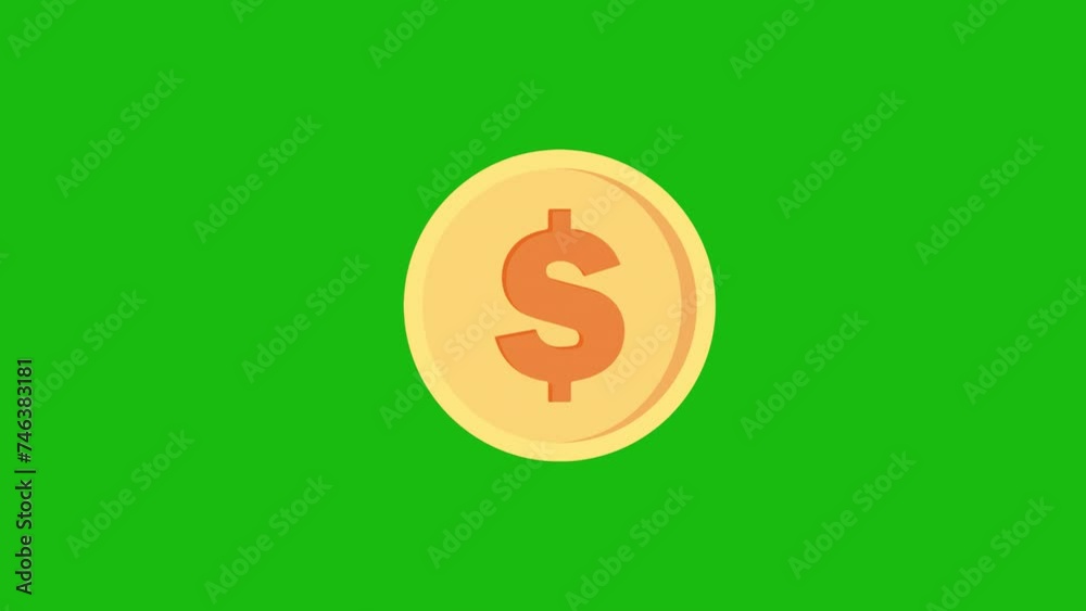 Rotating gold 2d coin with dollar sign looped animation on green ...
