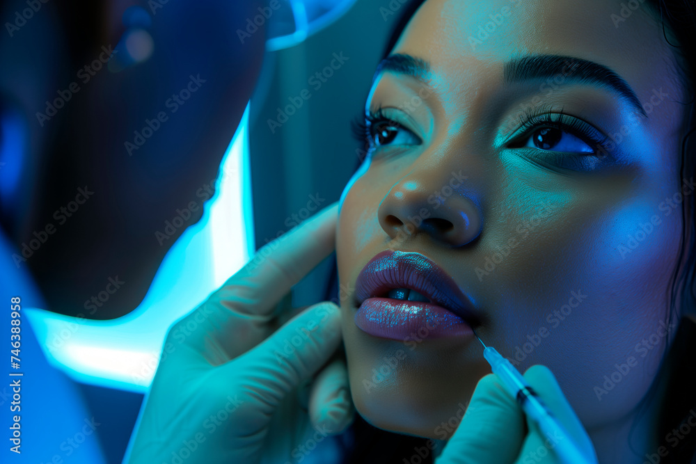Young beautiful woman makes injections on her face. Close-up portrait ...
