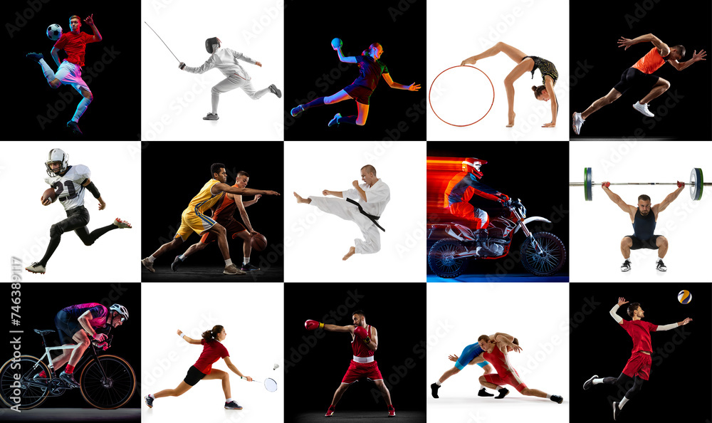 Collage, mosaic of dynamic portraits of diverse group of athletes in ...
