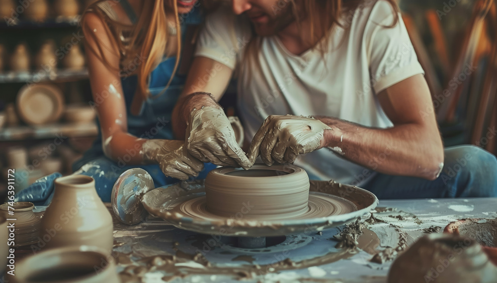 Boyfriend and girlfriend do pottery moulding with clay, romantic hand ...