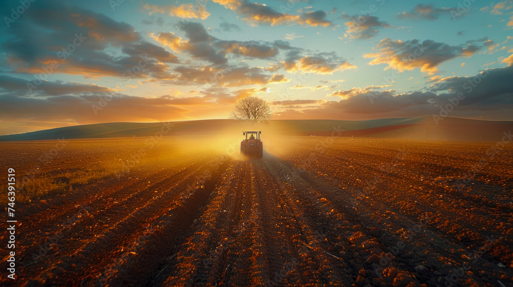 Tractor plowing the ground, sunrise on an early spring morning, Earth ...