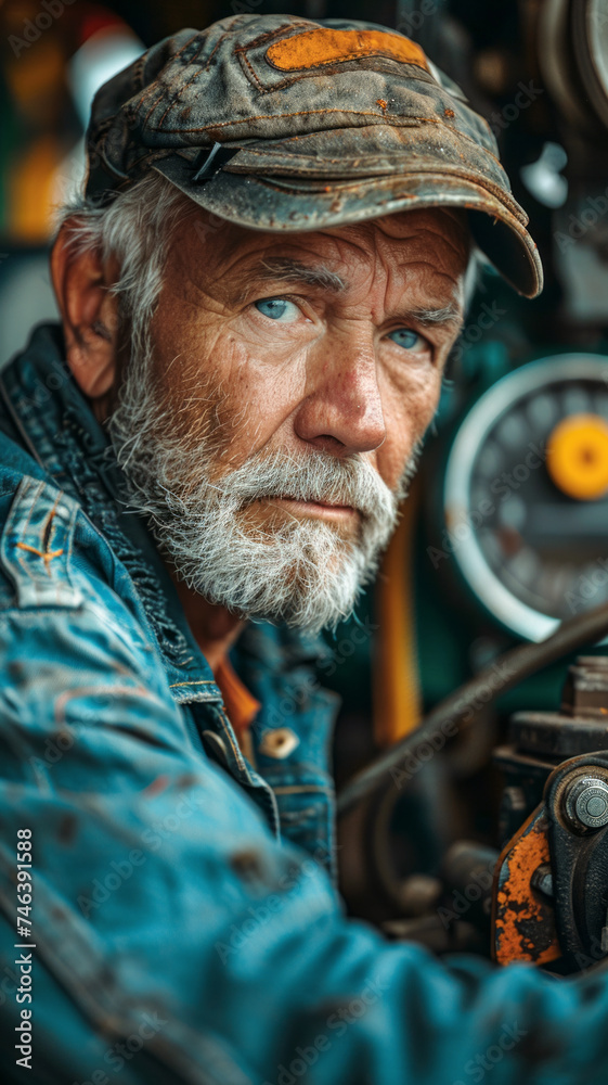 Vertical portrait of an old mechanic repairing a combine harvester ...