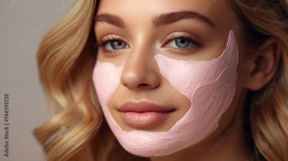 Gorgeous young woman with skin care pink clay mask on her face, for ...