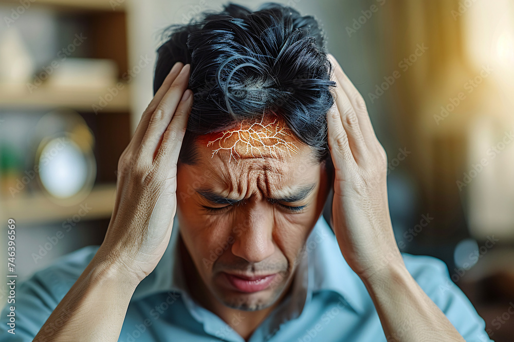 migraine, headache, person with pain in his head, body with pain in the ...