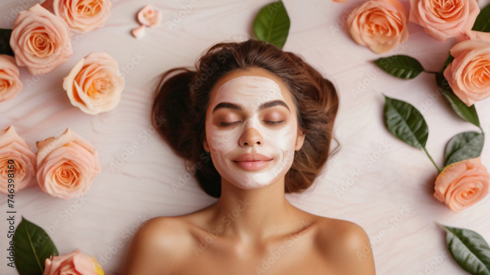 Gorgeous young woman with skin care moisturizing mask on her face, for ...