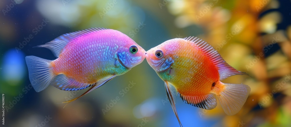 Vibrant colored underwater world with two beautiful fish swimming in a ...