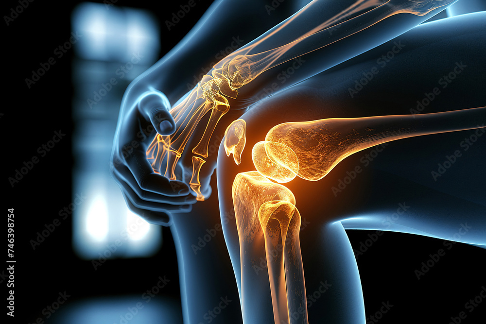 person with pain in his knee, body with pain in the knee, man holding ...