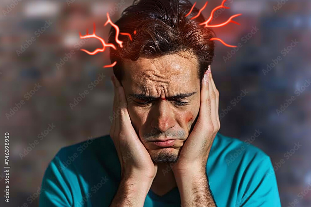 migraine, headache, person with pain in his head, body with pain in the ...