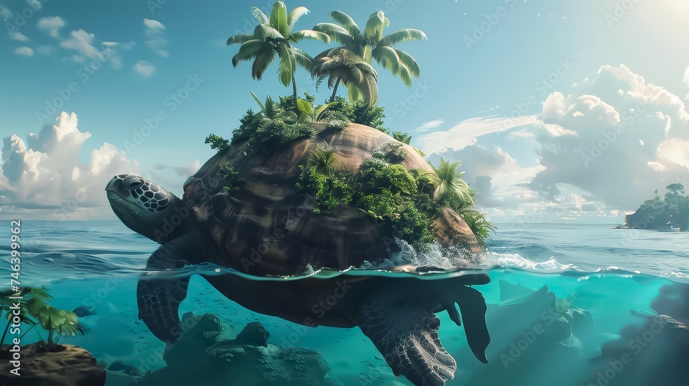 ภาพประกอบสต็อก Epic cinematic scene of a giant colossal turtle walking ...