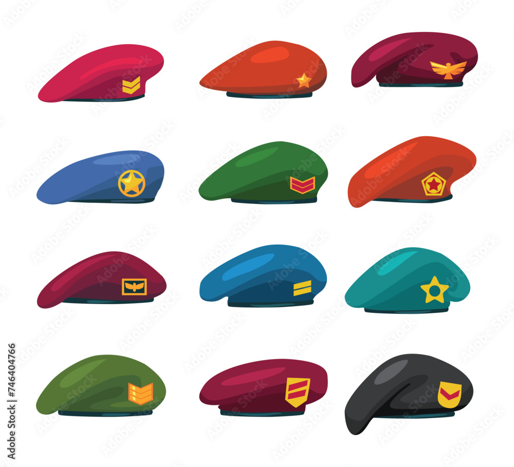 Set of Military beret set collection cartoon isolated on white ...